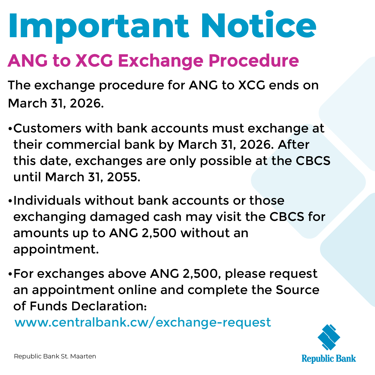 Important Notice: ANG to XCG Exchange Procedure | Republic Bank (St ...
